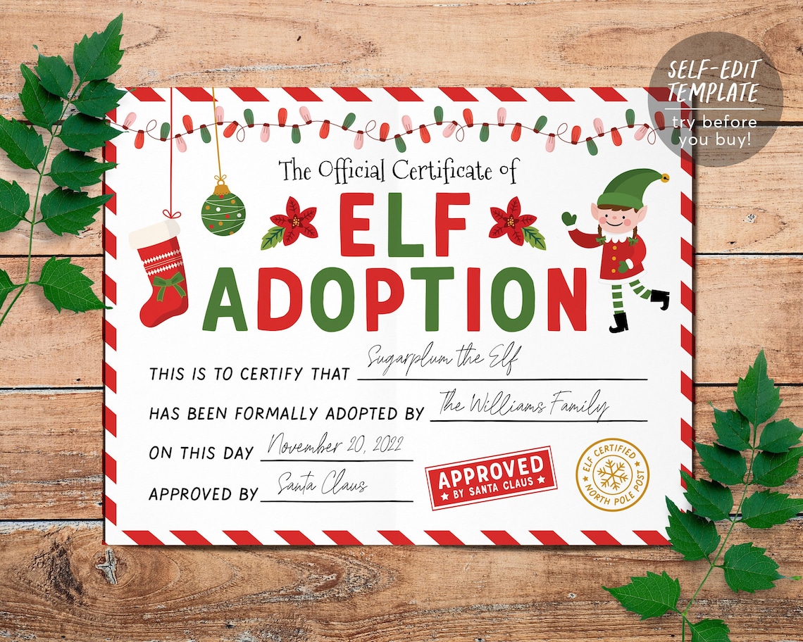 Elf Adoption Certificate Editable Template, Adopt Your Elf Elves Letter ...