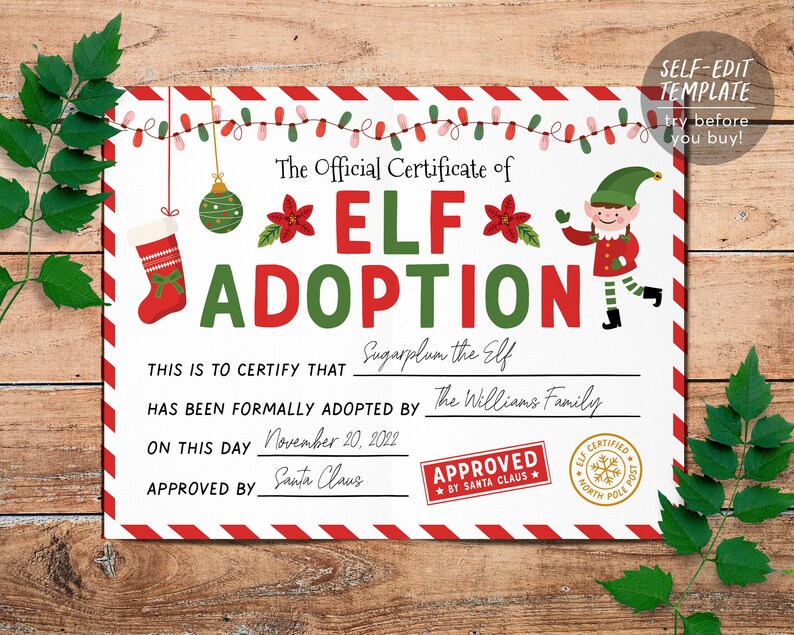 Elf Adoption Certificate Editable Template Adopt Your Elf - Etsy