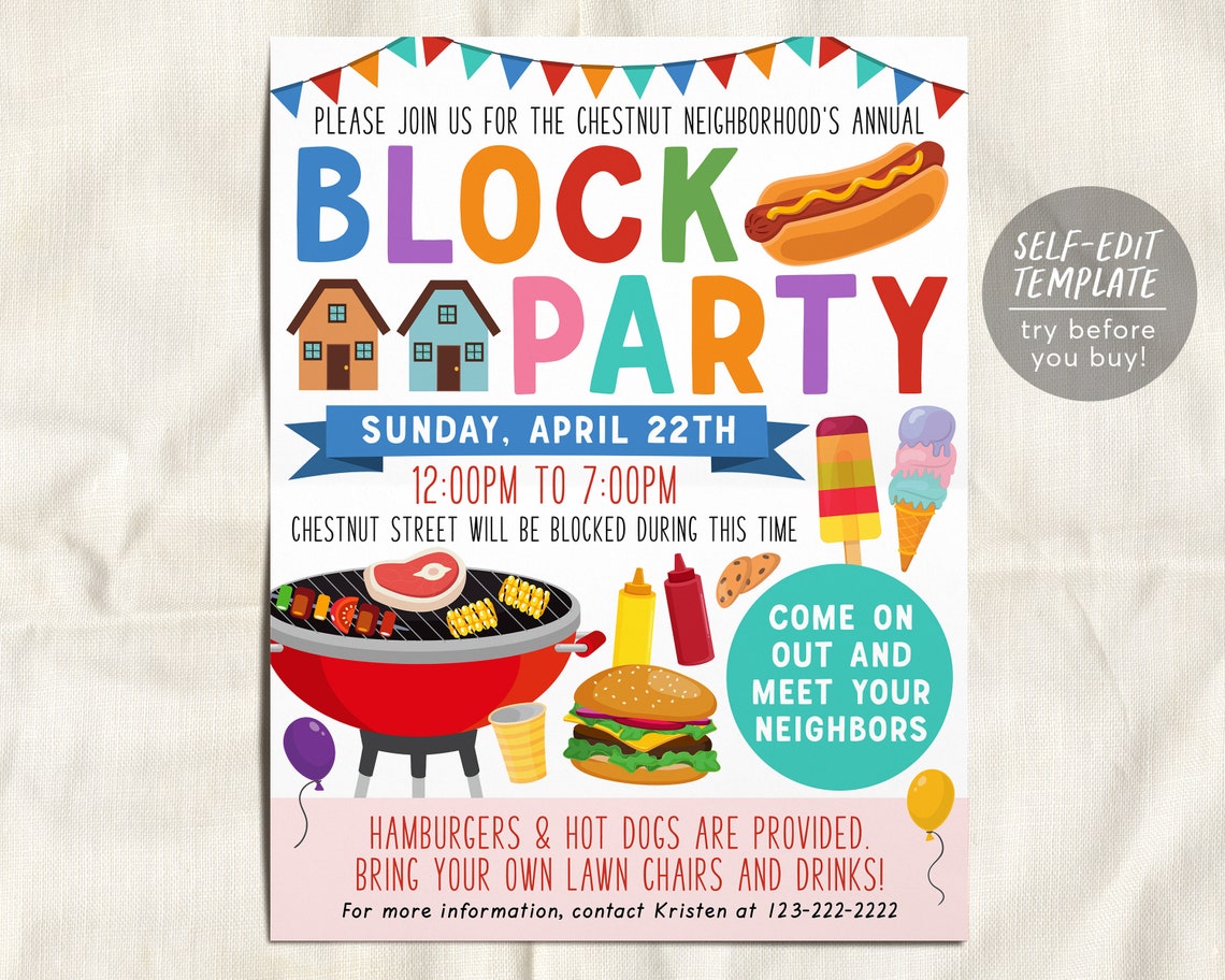 Neighborhood Block Party Invitation Editable Template, Neighborhood ...