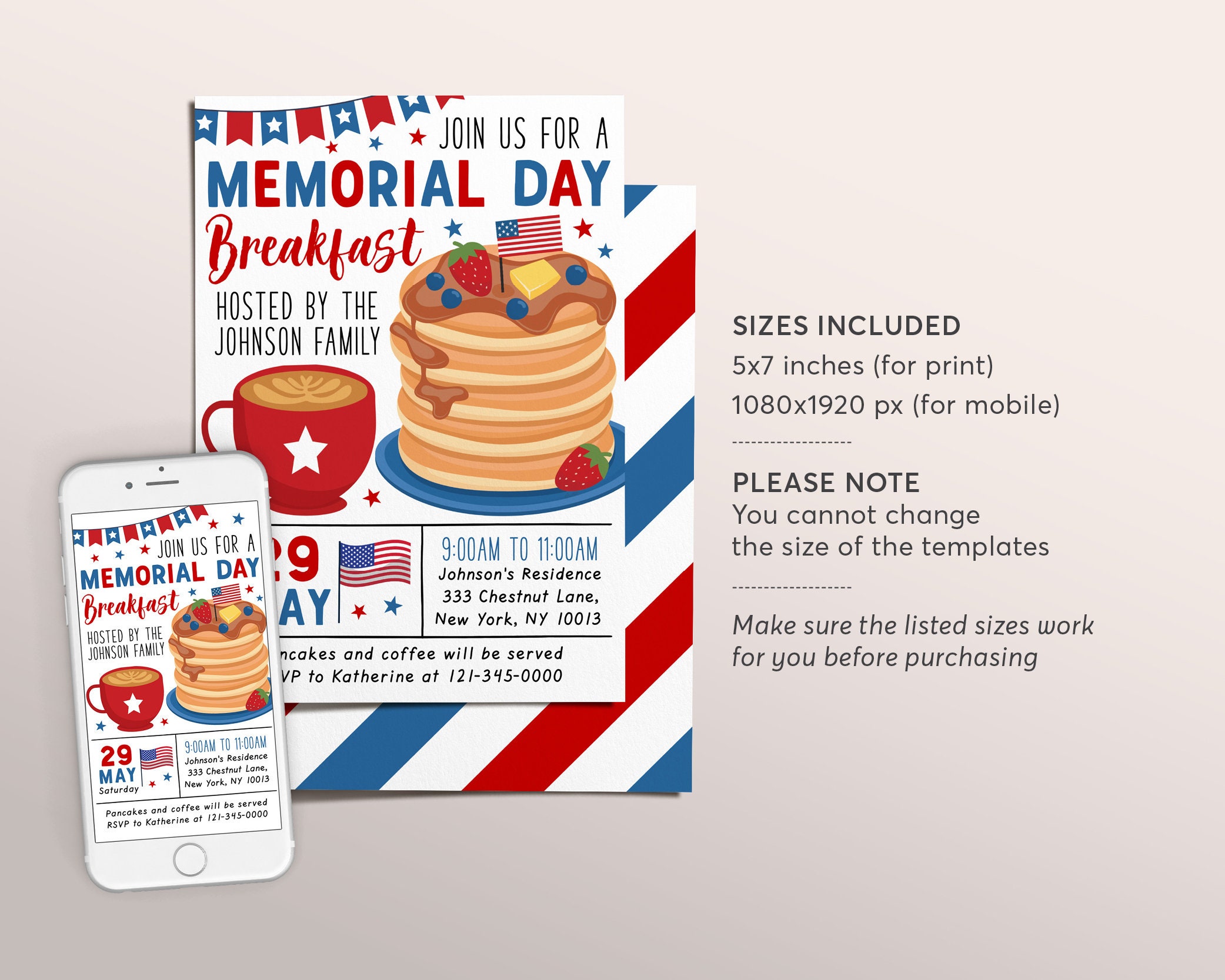 Memorial Day Breakfast Invitation Editable Template, Patriotic Memorial ...
