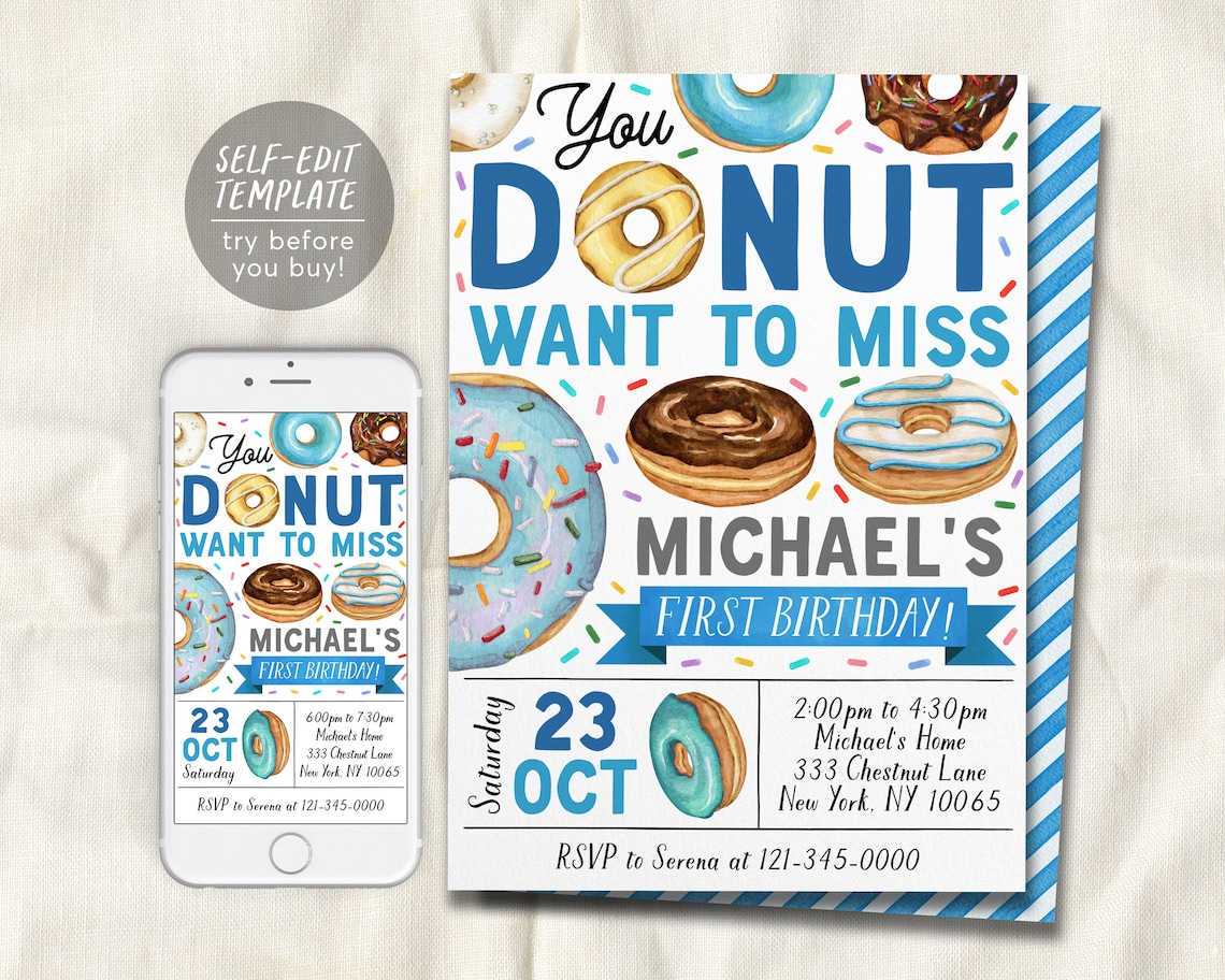 Donut Birthday Invitation Editable Template, Boy You Donut Want to Miss ...