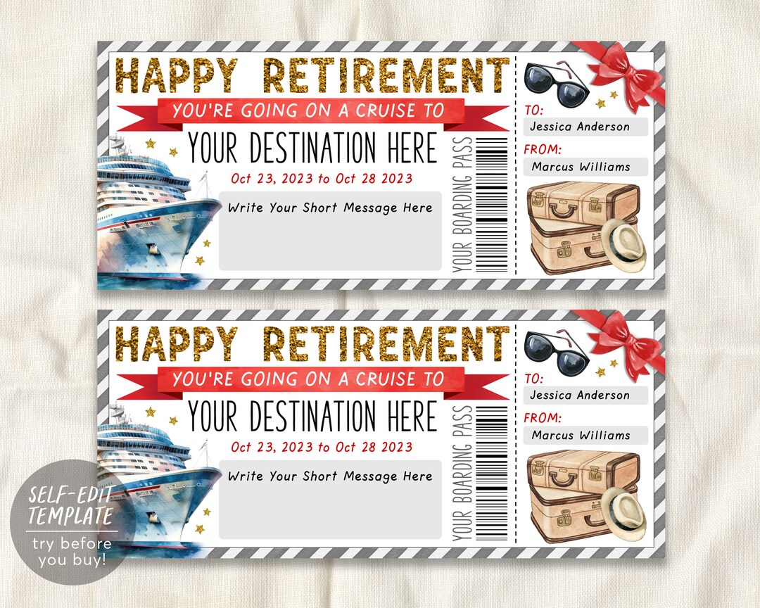 Retirement Cruise Boarding Pass Ticket Editable Template, Surprise ...