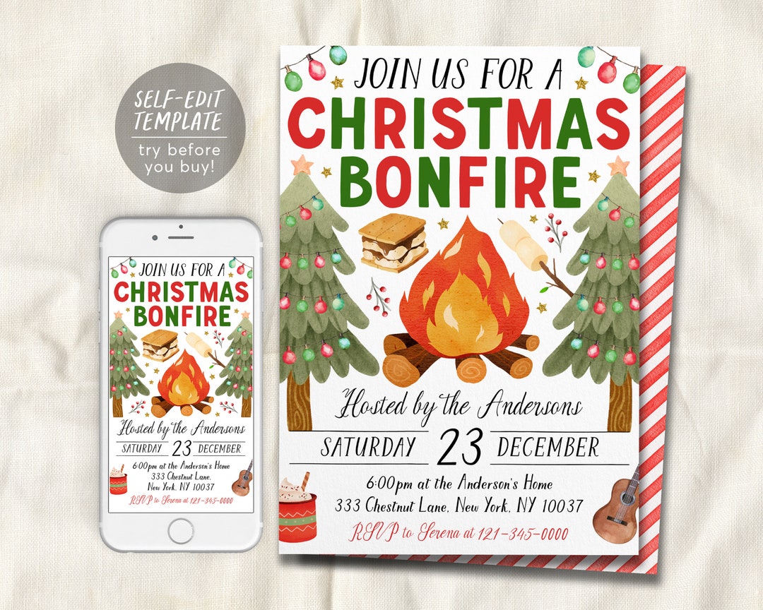 Christmas Bonfire Invitation Editable Template, Backyard Winter Holiday ...