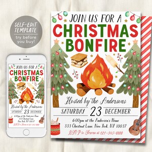 Christmas Bonfire Invitation Editable Template, Backyard Winter Holiday ...