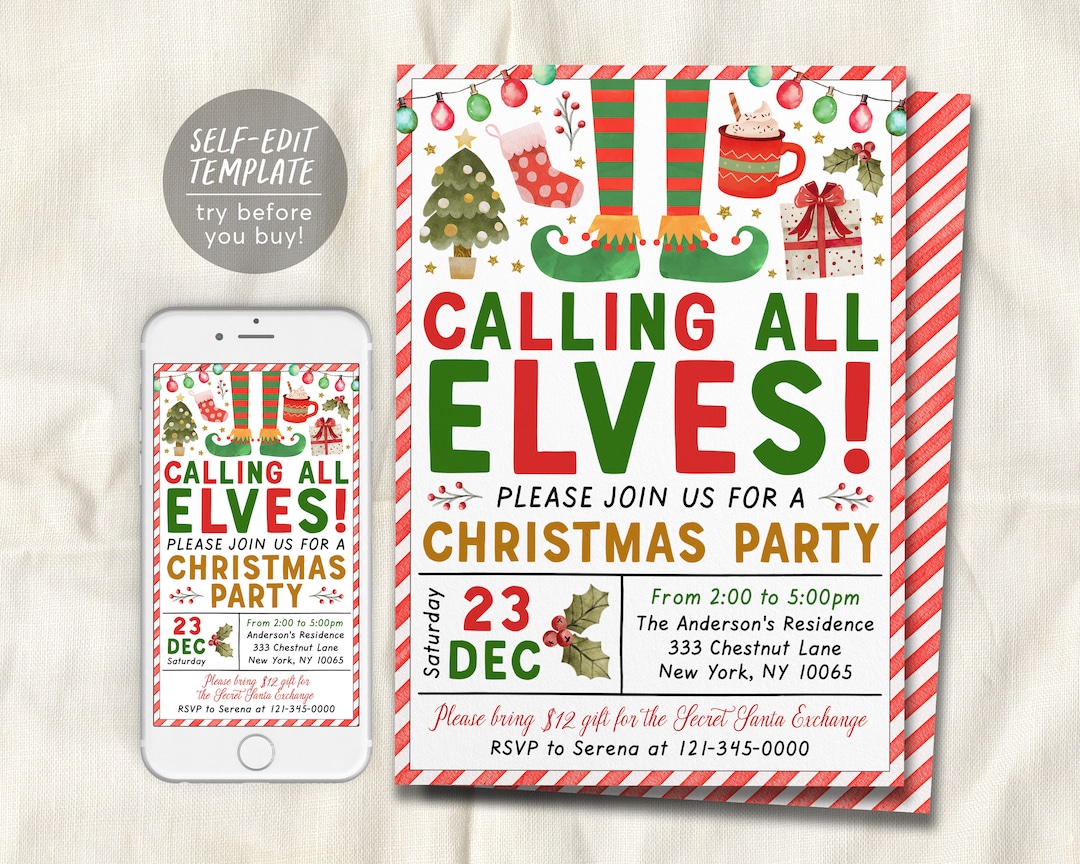 Calling All Elves Party Invitation Editable Template, Elf Christmas ...