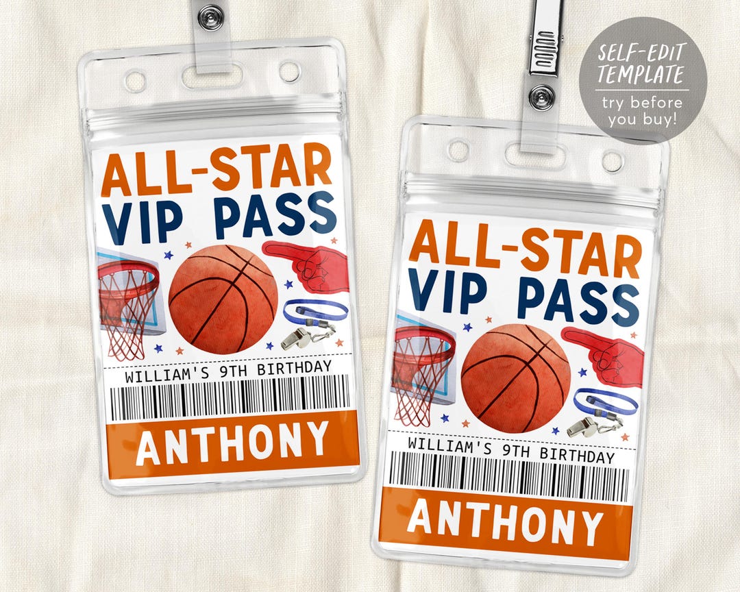 Basketball Birthday All Star VIP Pass Editable Template, Basketball ...
