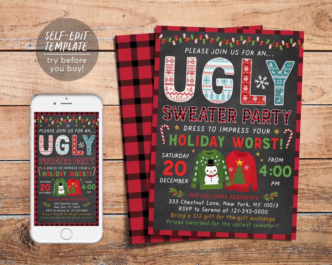 Ugly Christmas Sweater Party Invitation Editable Template - Etsy