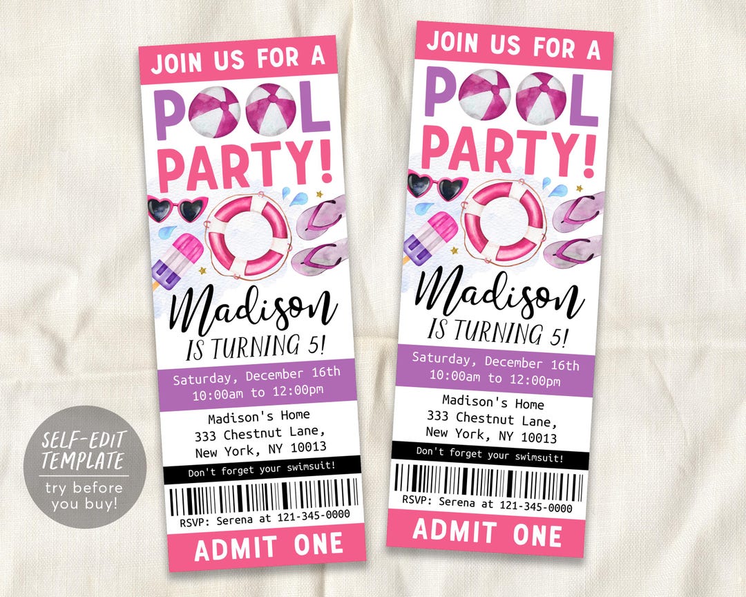 Pool Party Birthday Ticket Invitation Editable Template, Girl Summer ...
