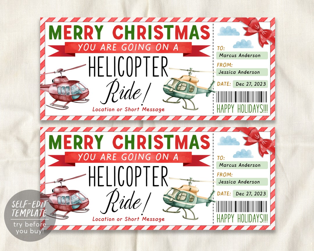 Christmas Helicopter Ride Ticket Gift Certificate Editable Template ...