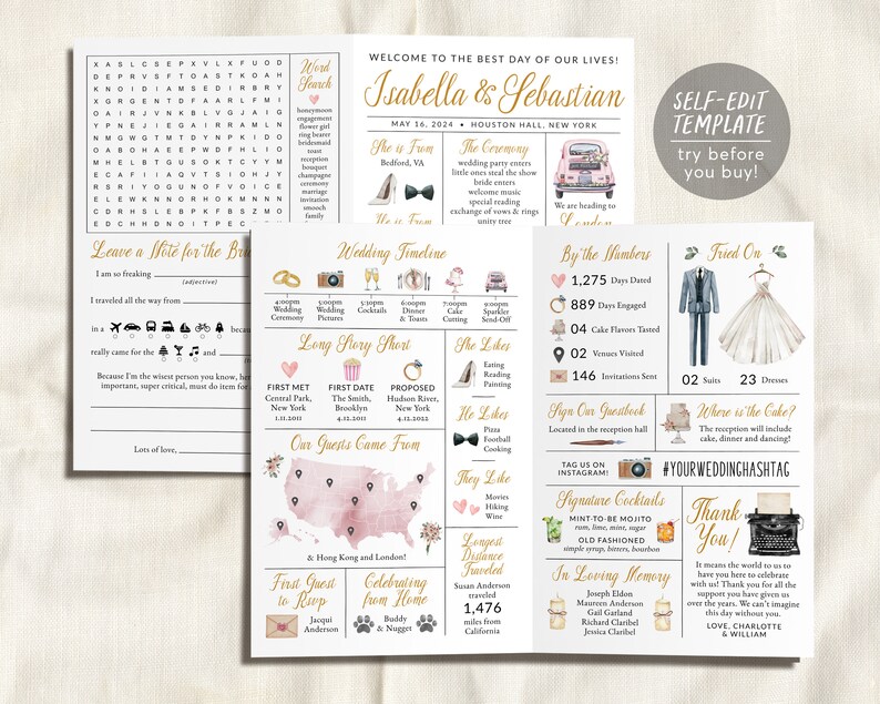 Blush Infographic Wedding Bifold Program Editable Template, Dusty Rose ...