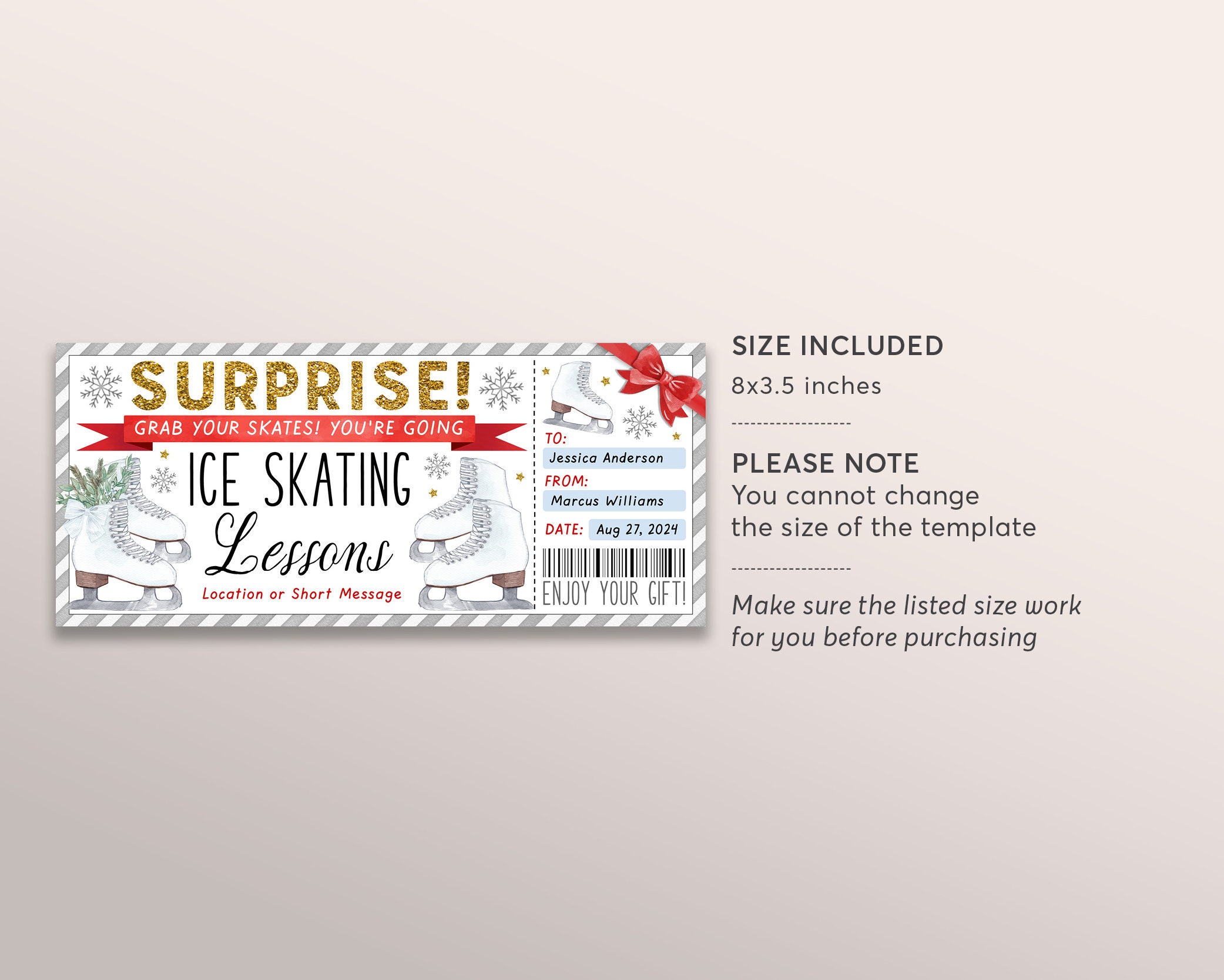 Ice Skating Lessons Gift Certificate Editable Template, Surprise Ice ...