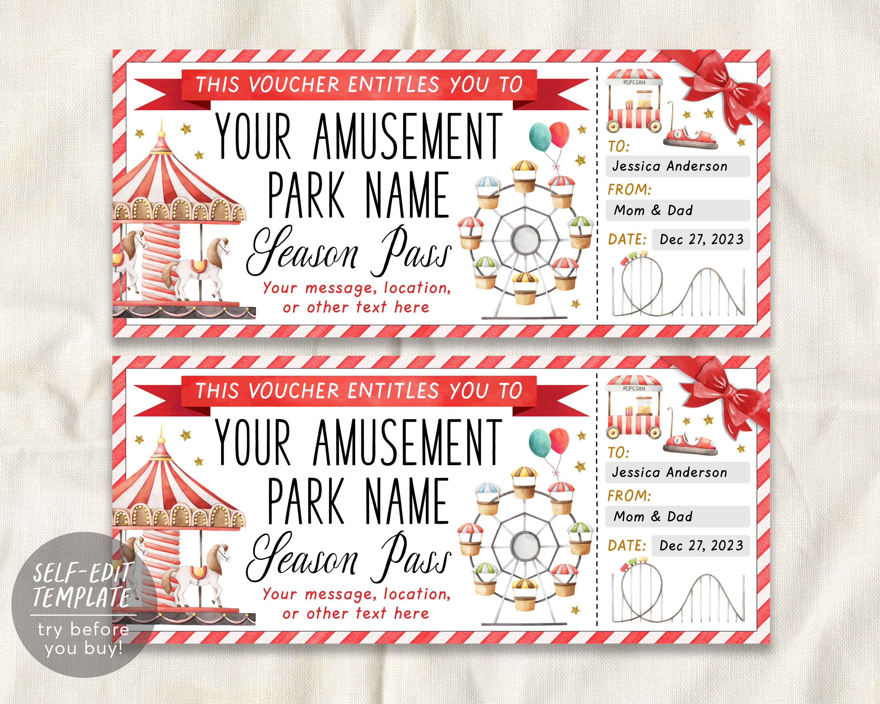 Amusement Park Season Pass Ticket Editable Template, Surprise Theme ...
