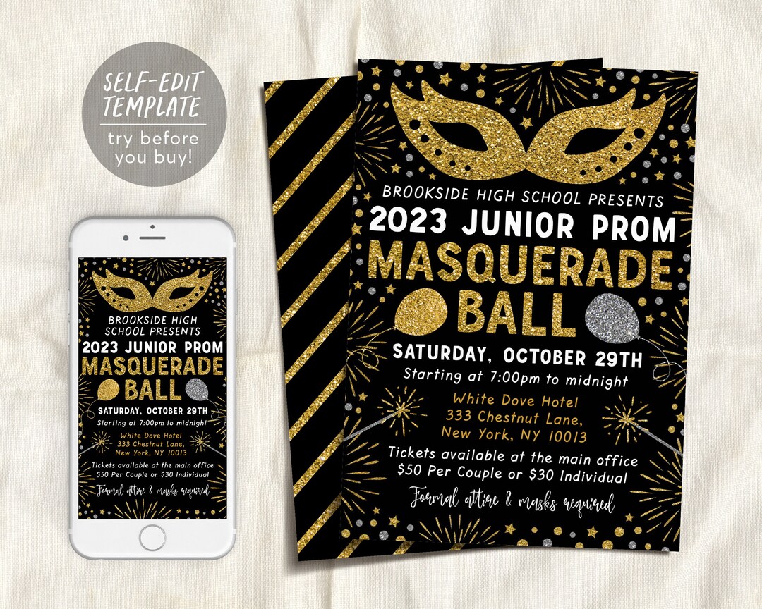 Prom Dance Masquerade Ball Invitation Editable Template, Masked Party ...