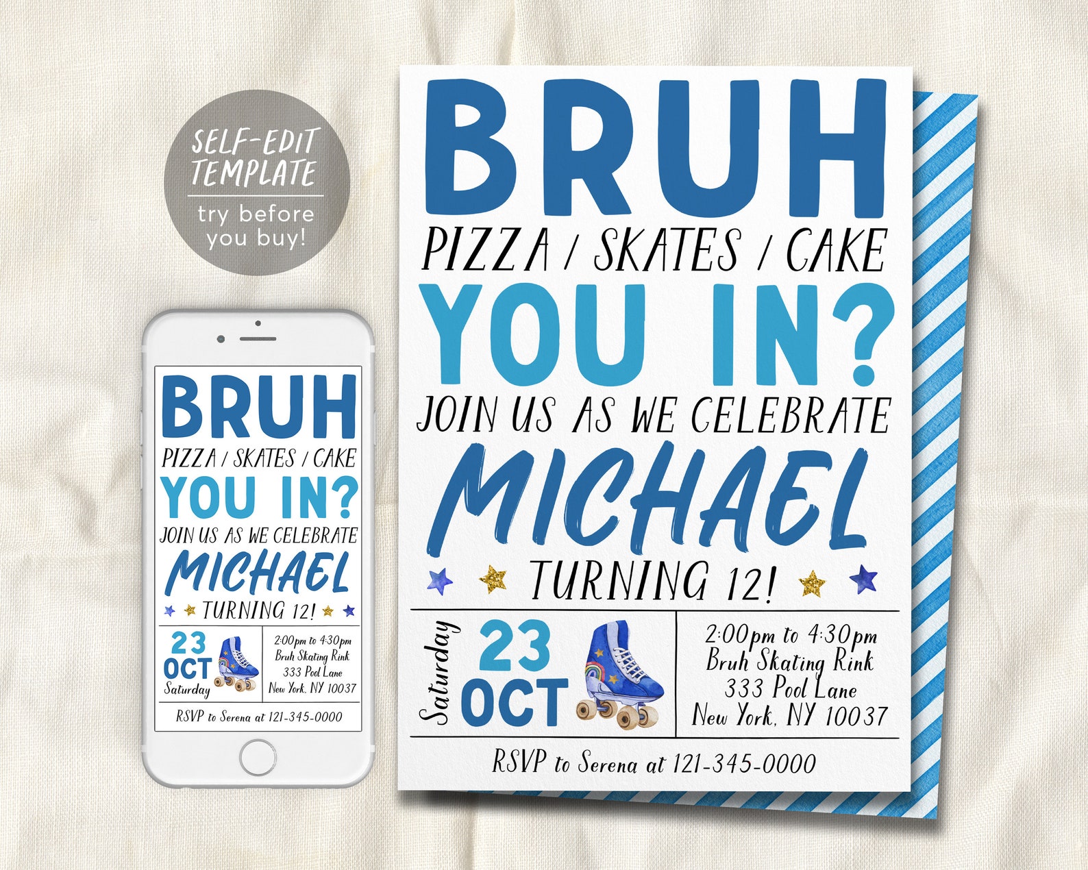 Bruh Roller Skating Birthday Invitation Editable Template, Bruh It's My ...