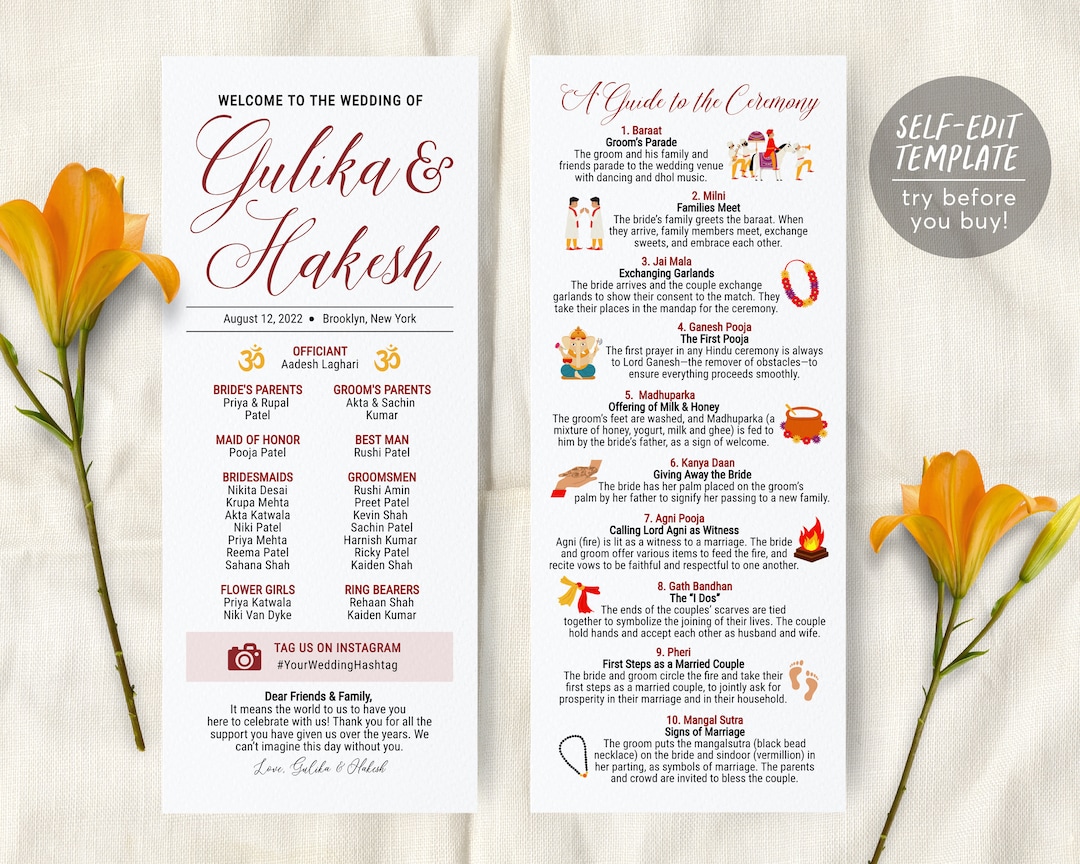 Editable Hindu Ceremony Program Template , Long Hindu Wedding Program, Indian Wedding Ceremony ...