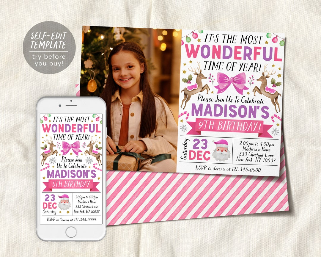 Christmas Birthday Invitation With Photo Editable Template, Most ...