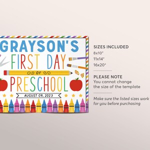Back to School Sign Editable Template, First Day of School Preschool ...
