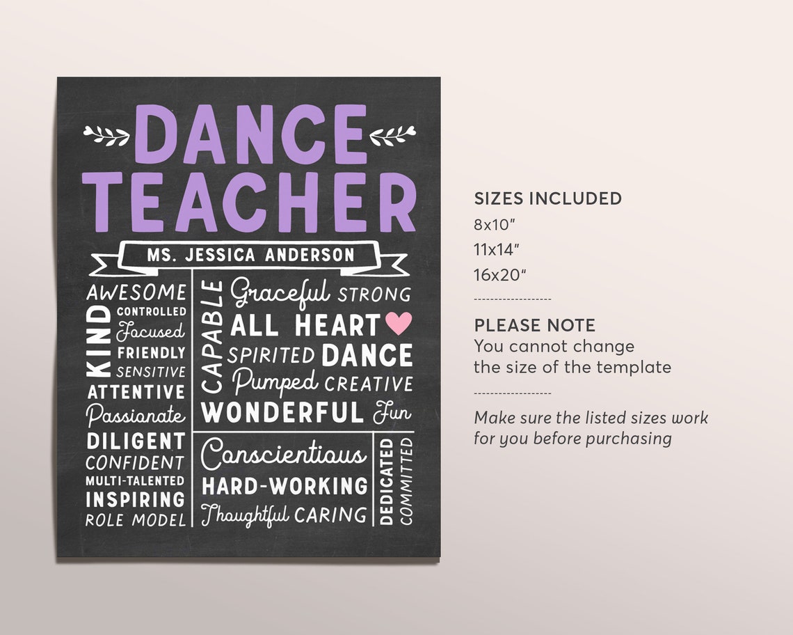 Editable Dance Teacher Chalkboard Gift Print Template, Dancer Ballet ...
