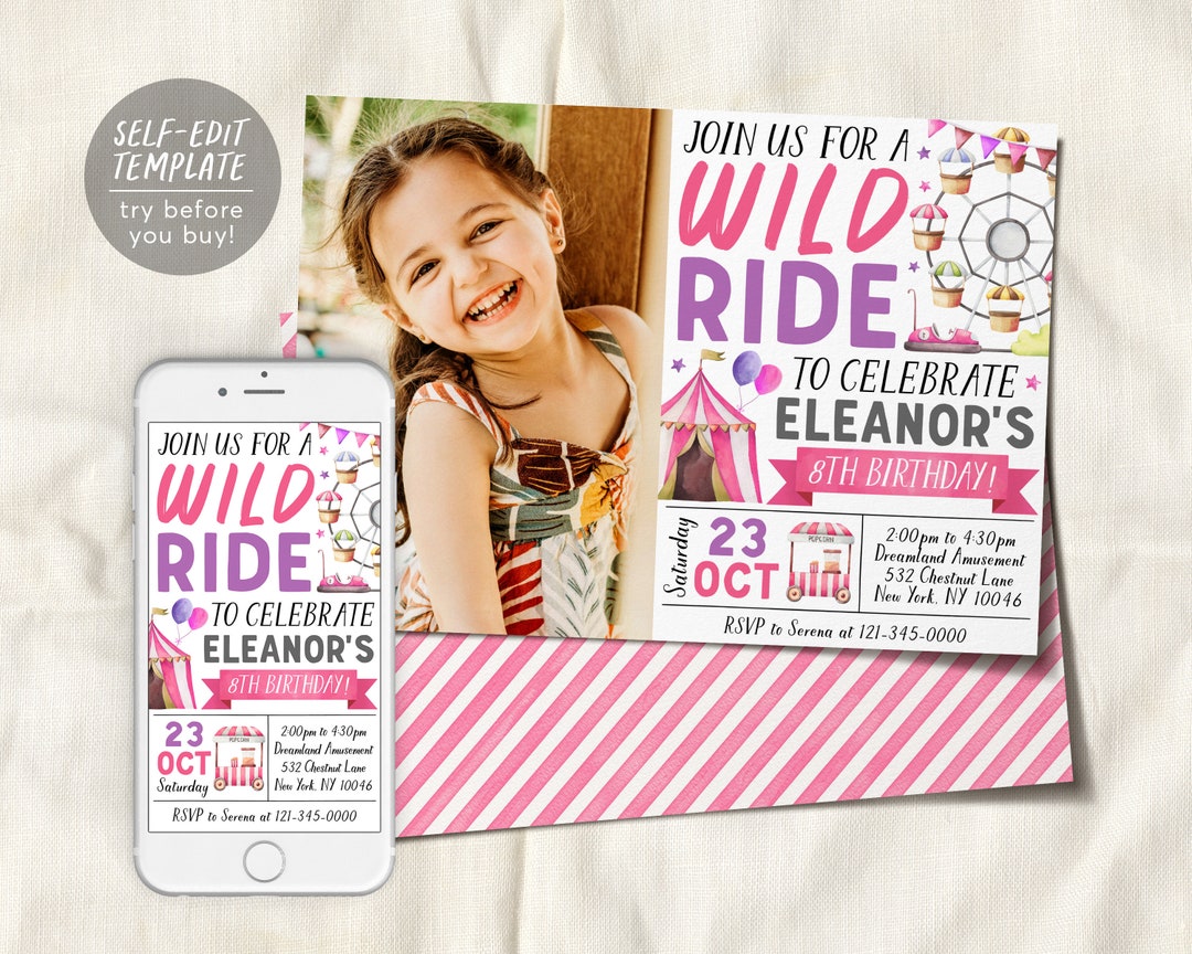 Amusement Park Birthday Invitation With Photo Editable Template, Girl ...
