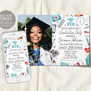 Nursing School Graduation Invitation With Photo Editable Template ...