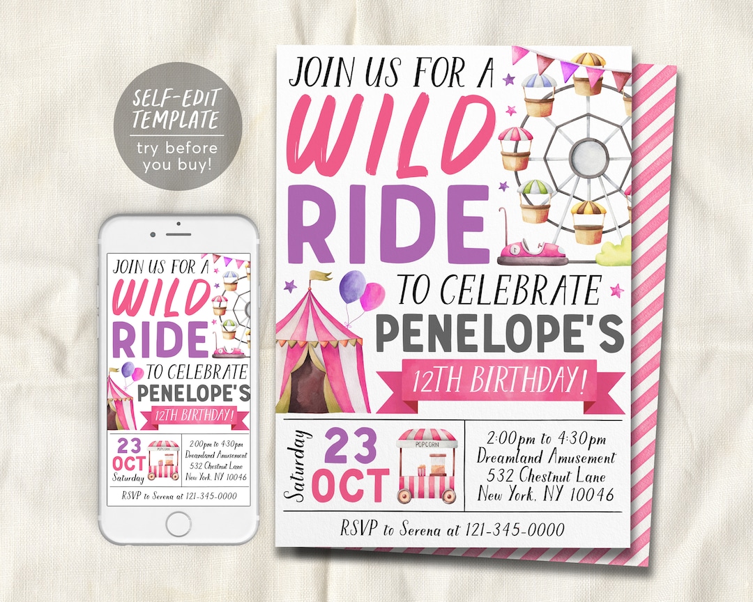 Amusement Park Birthday Invitation Editable Template, Pink Girl Theme ...