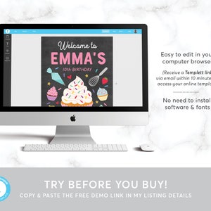 Editable Cupcake Birthday Welcome Sign Template, Girl Baking Party ...