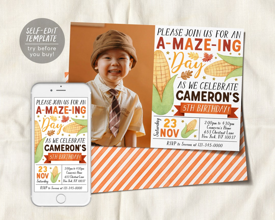 Corn Maze Birthday Invitation With Photo Editable Template, Kids Corn ...