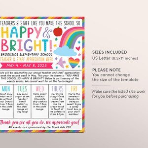Teacher Staff Appreciation Week Itinerary Flyer Rainbow Theme Editable ...