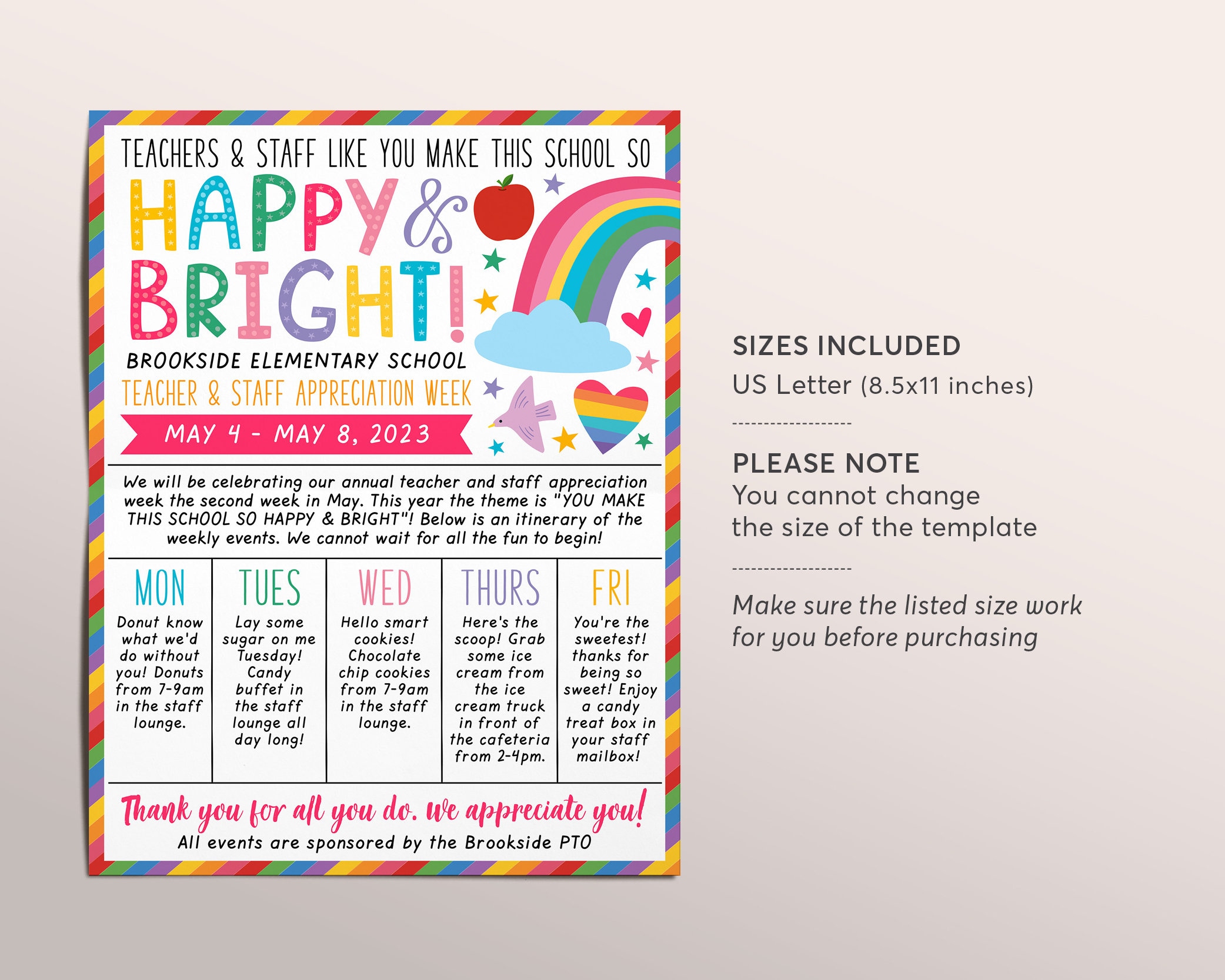 Teacher Staff Appreciation Week Itinerary Flyer Rainbow Theme Editable ...