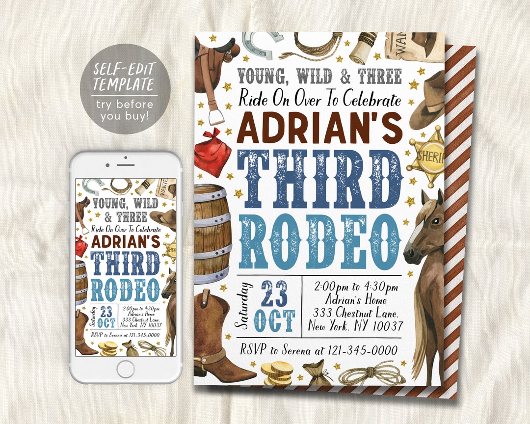 Third Rodeo Birthday Invitation Editable Template, Cowboy Young Wild ...