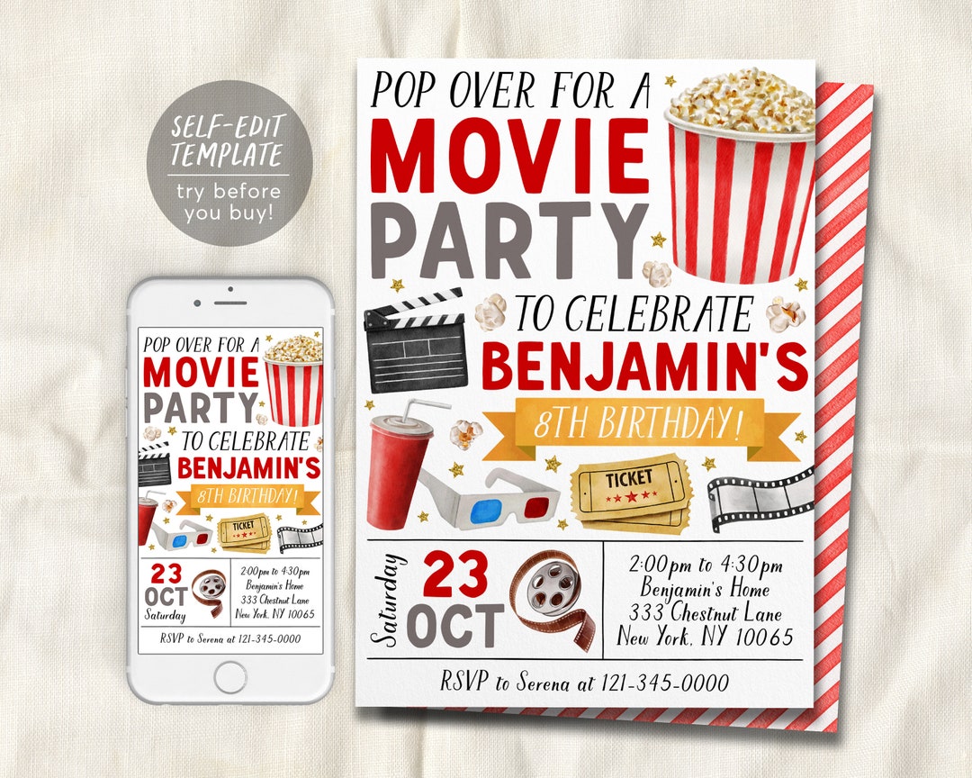 Movie Birthday Invitation Editable Template, Unisex Pop on Over Cinema ...