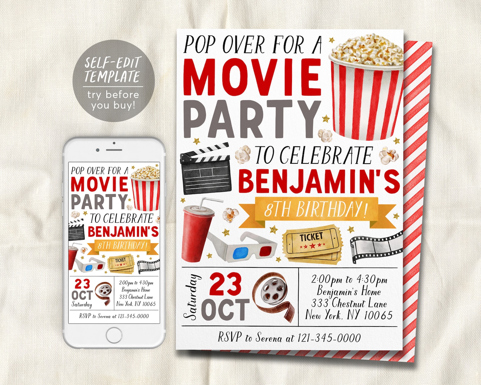 Movie Birthday Invitation Editable Template, Unisex Pop on Over Cinema ...