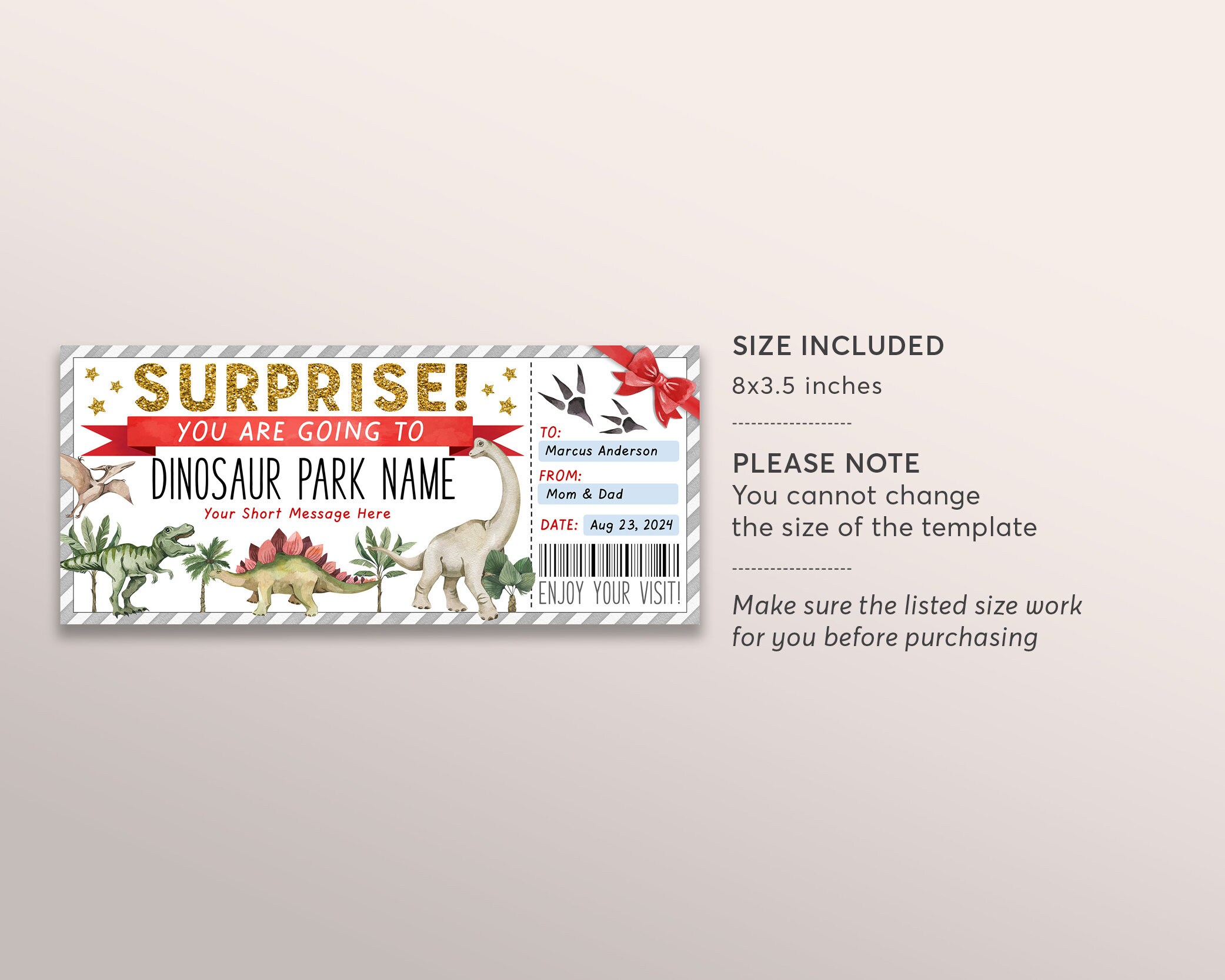 Dinosaur Park Ticket Editable Template, Surprise Dinosaur Museum ...