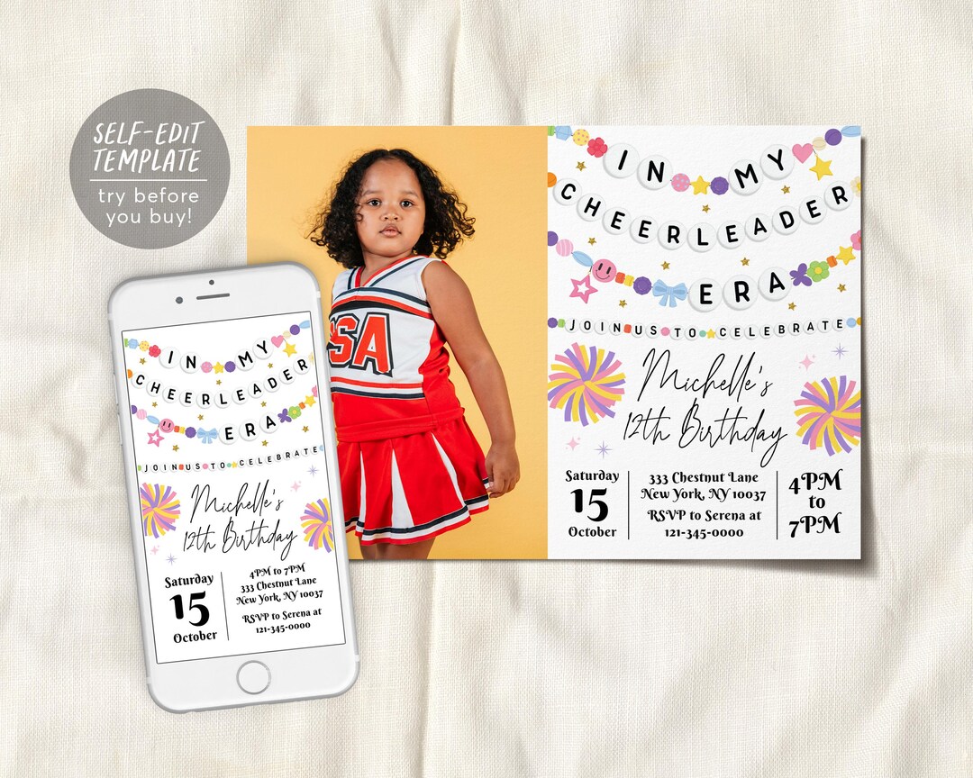 In My Cheerleader Era Birthday Invitation With Photo Editable Template ...