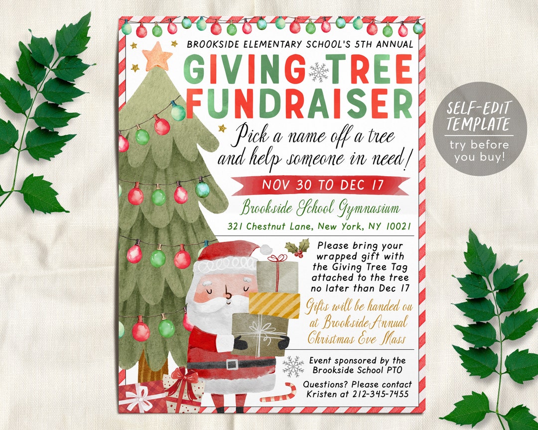 Christmas Giving Tree Fundraiser Flyer Editable Template, Holiday ...