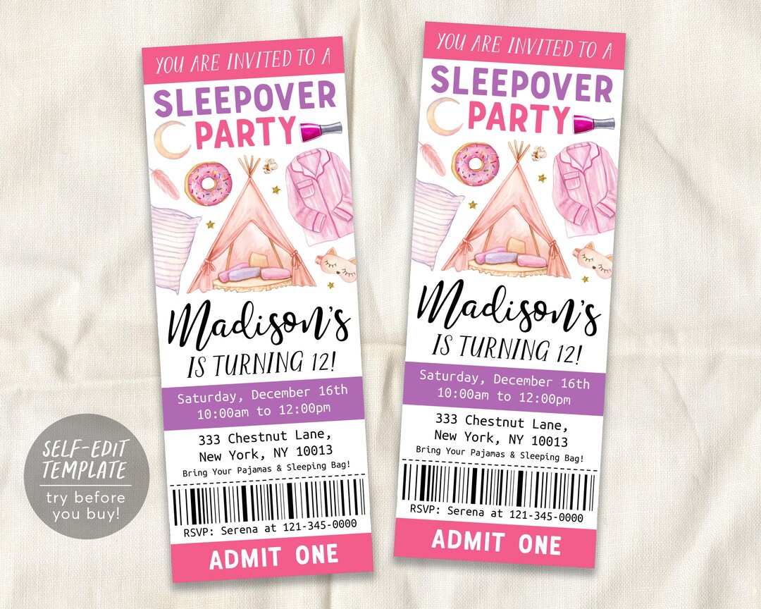 Sleepover Birthday Ticket Invitation Editable Template, Girl Slumber ...