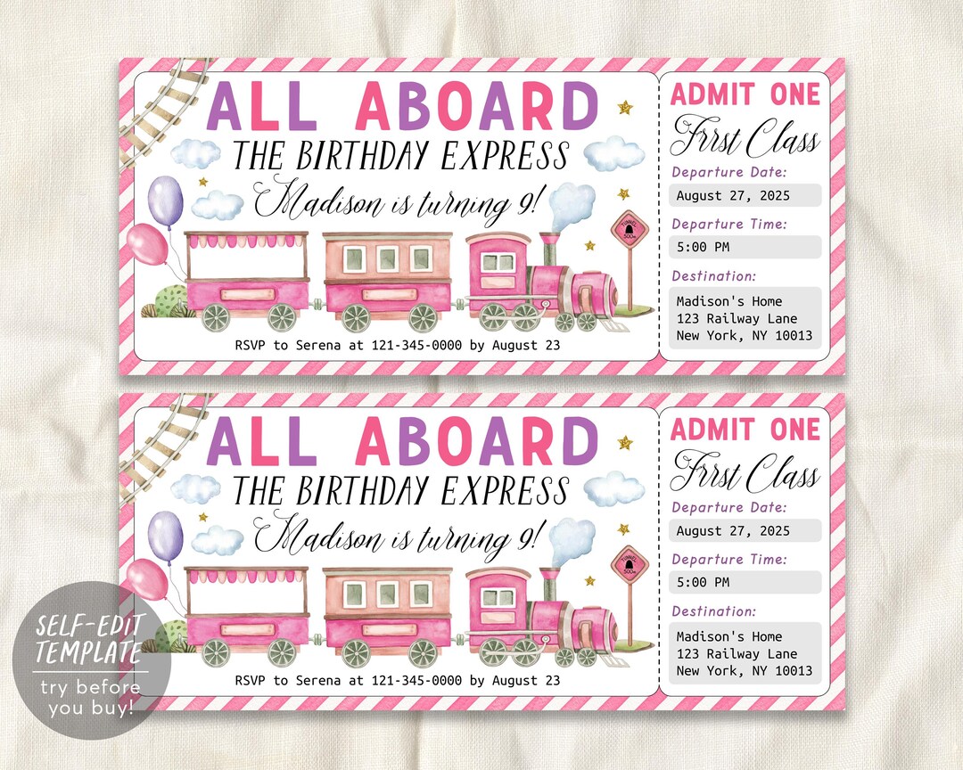 Train Birthday Ticket Invitation Editable Template, Girl Train Boarding ...