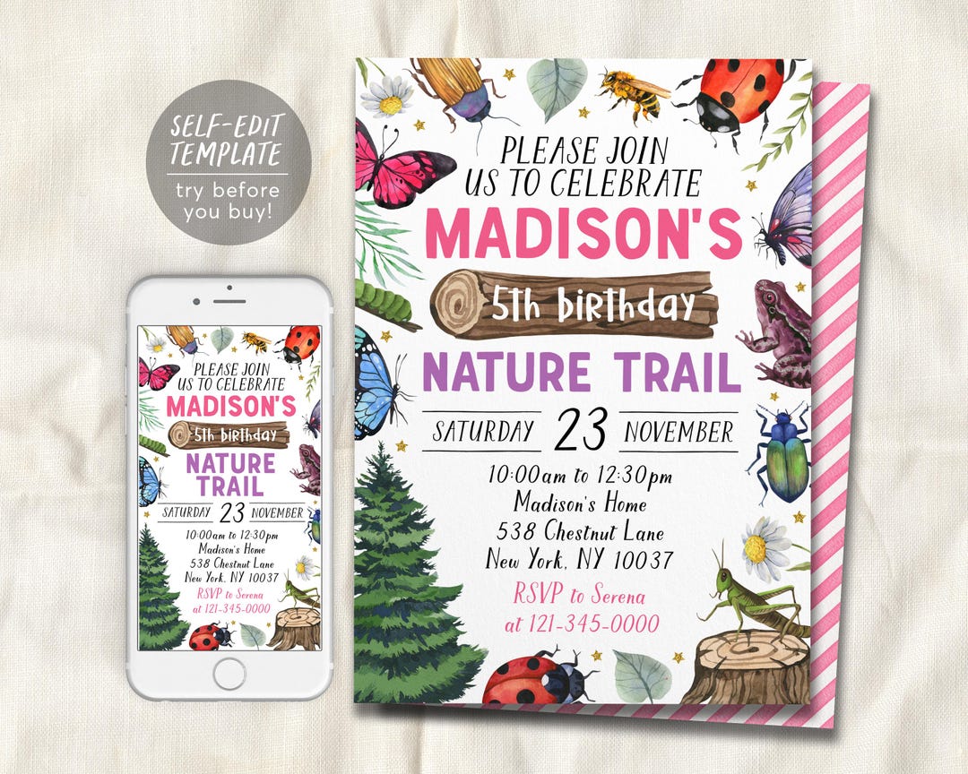 Nature Trail Birthday Invitation Editable Template, Girl Outdoor ...
