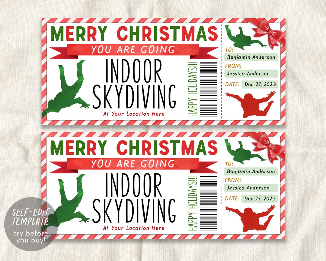 Christmas Indoor Skydiving Gift Certificate Ticket Editable Template ...
