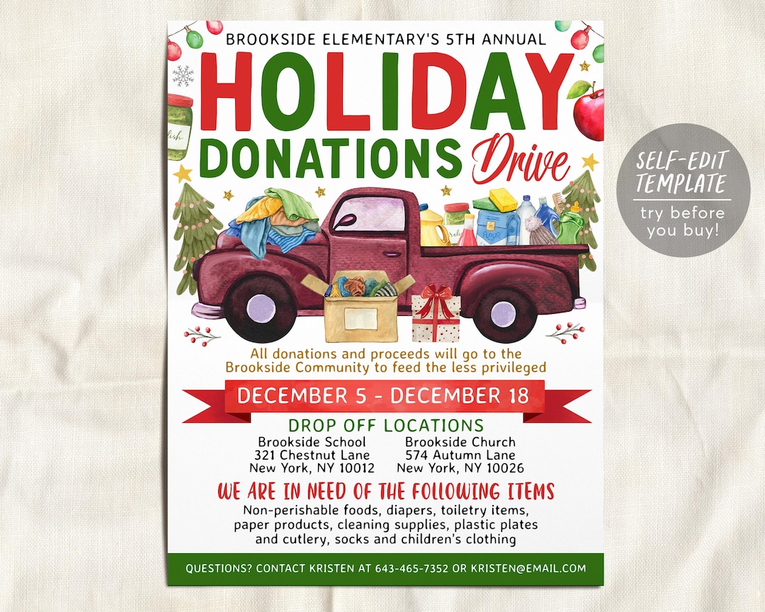 Holiday Donation Drive Flyer Editable Template, Christmas Food Drive ...