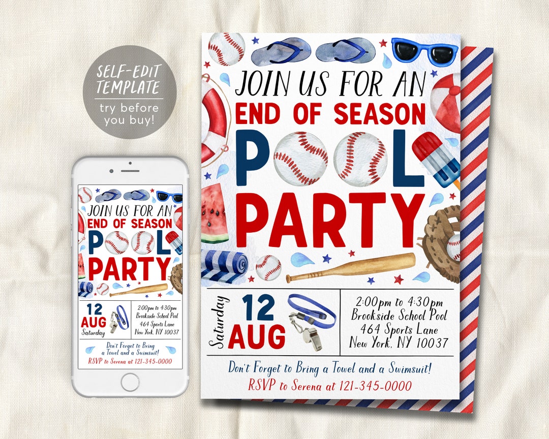 Baseball Pool Party Invitation Editable Template, Baseball End of ...