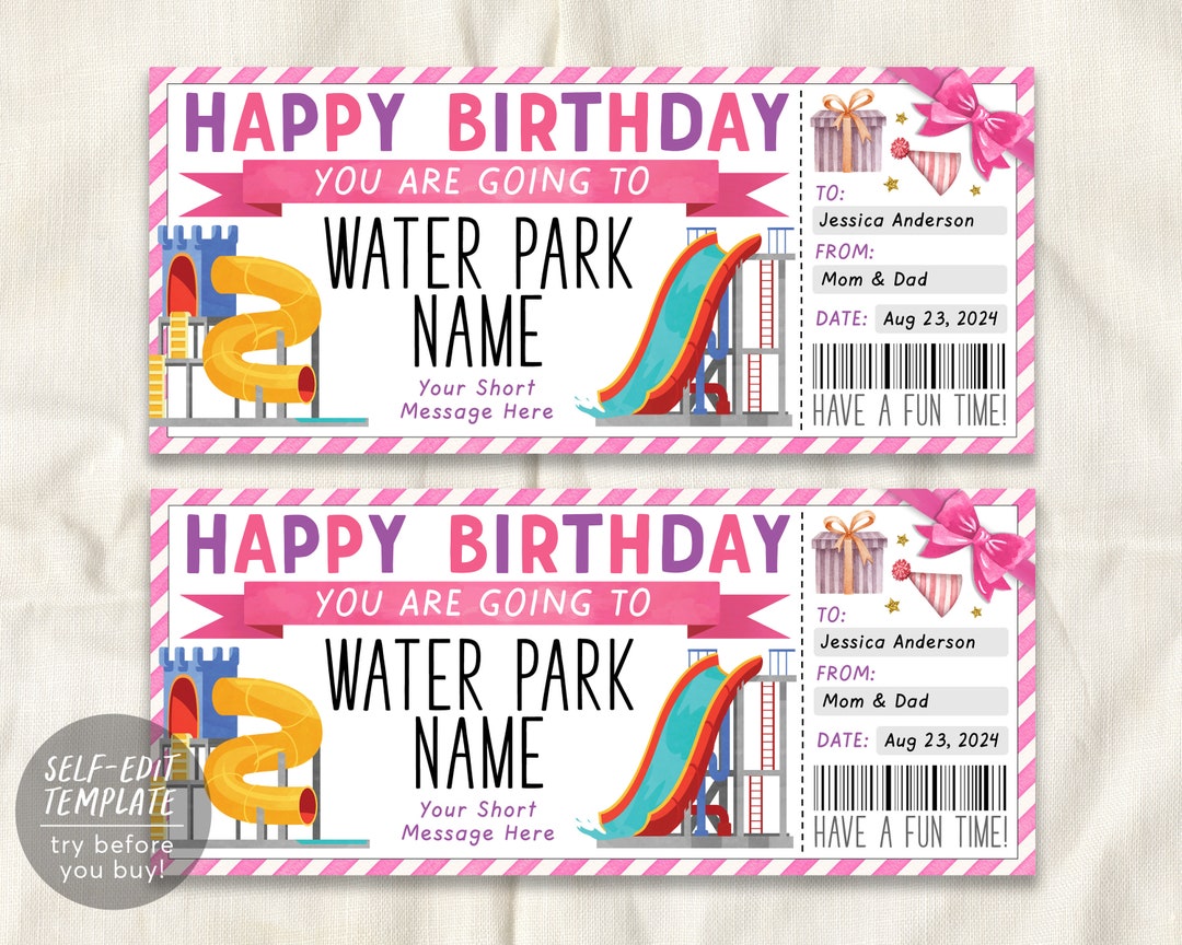 Water Park Ticket Editable Template, Birthday Surprise Waterpark Visit ...