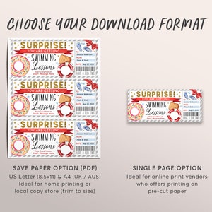 Swim Lessons Gift Certificate Ticket Editable Template, Surprise ...