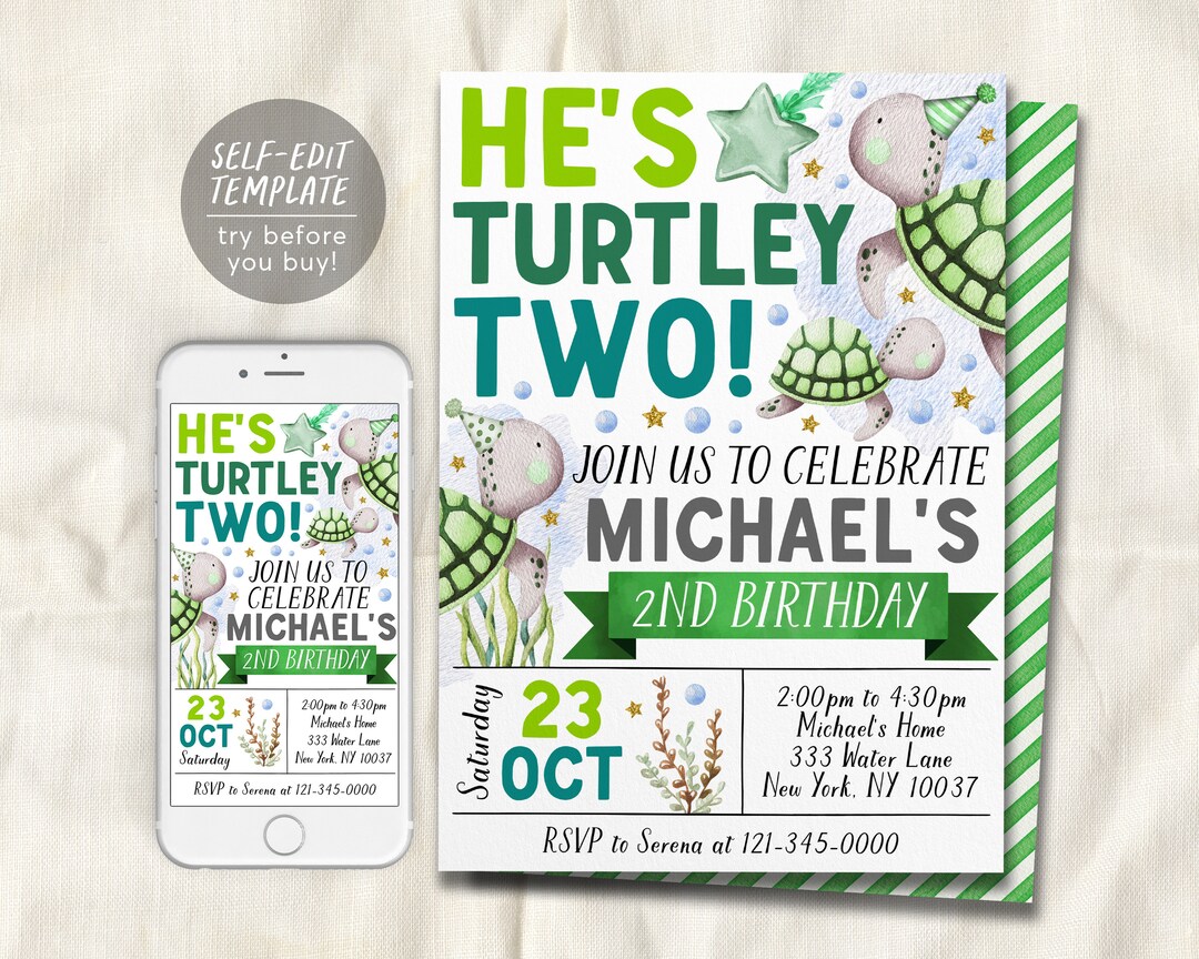 Turtle Second Birthday Invitation Editable Template, He's Turtley Two ...