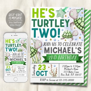 Turtle Second Birthday Invitation Editable Template, He's Turtley Two ...