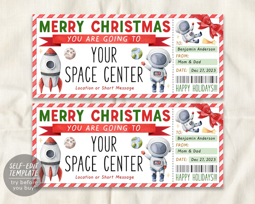 Space Center Surprise Trip Ticket Editable Template, Christmas Space ...