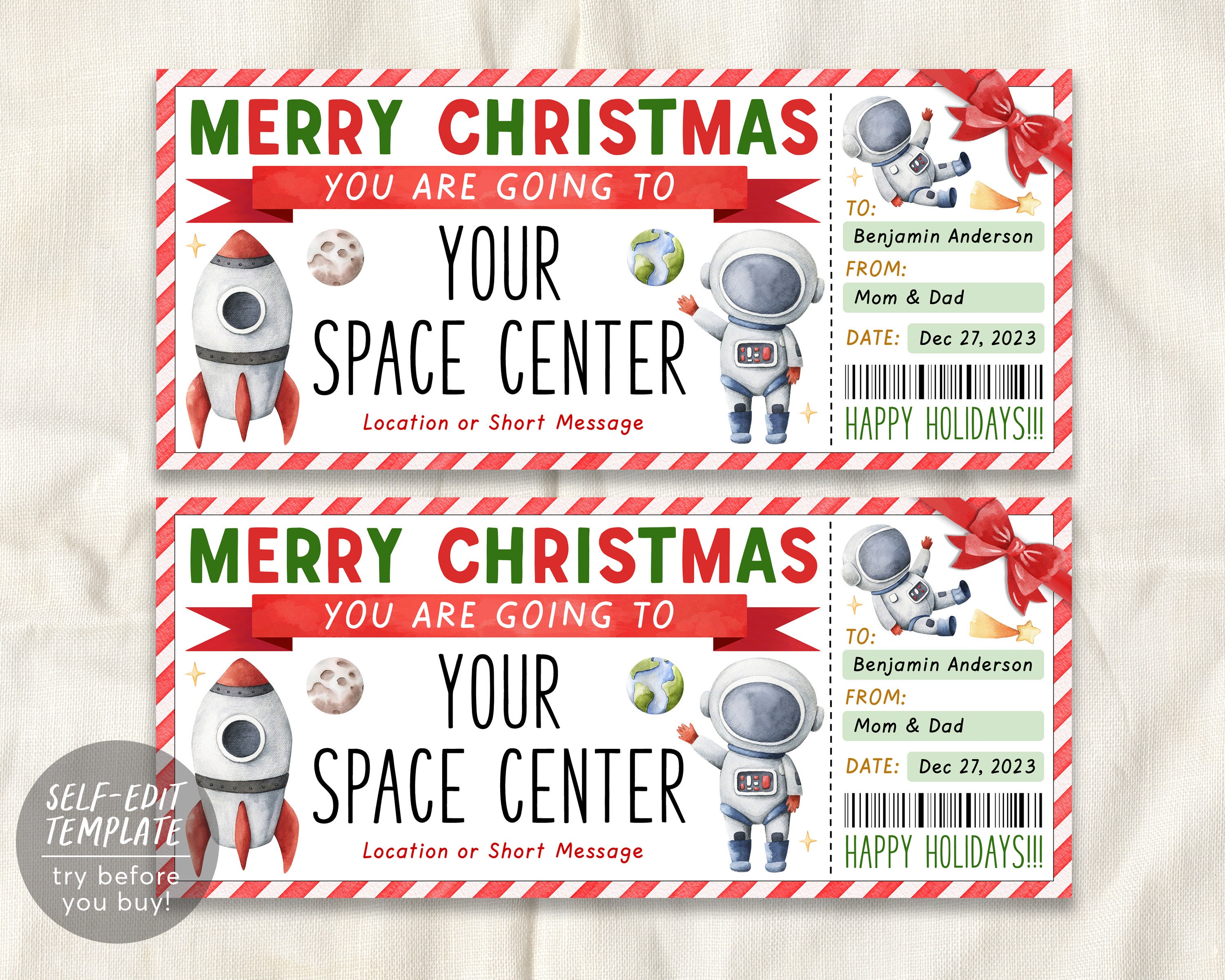 Space Center Surprise Trip Ticket Editable Template, Christmas Space ...