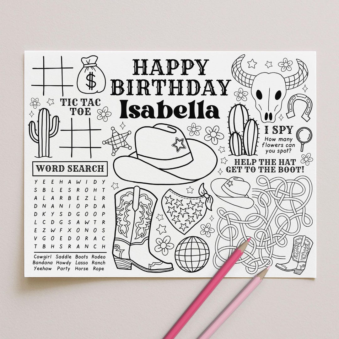 Cowgirl Birthday Party Placemat, Disco Cowgirl Coloring Page Activity ...
