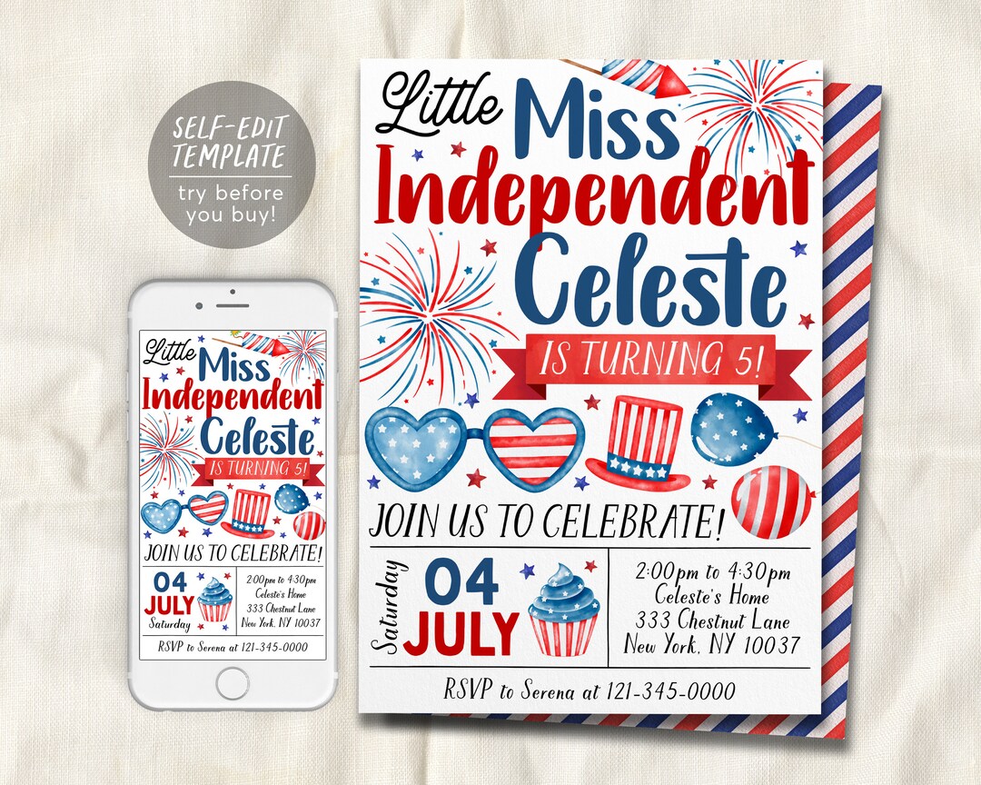 4th of July Birthday Invitation Editable Template, Little Miss ...