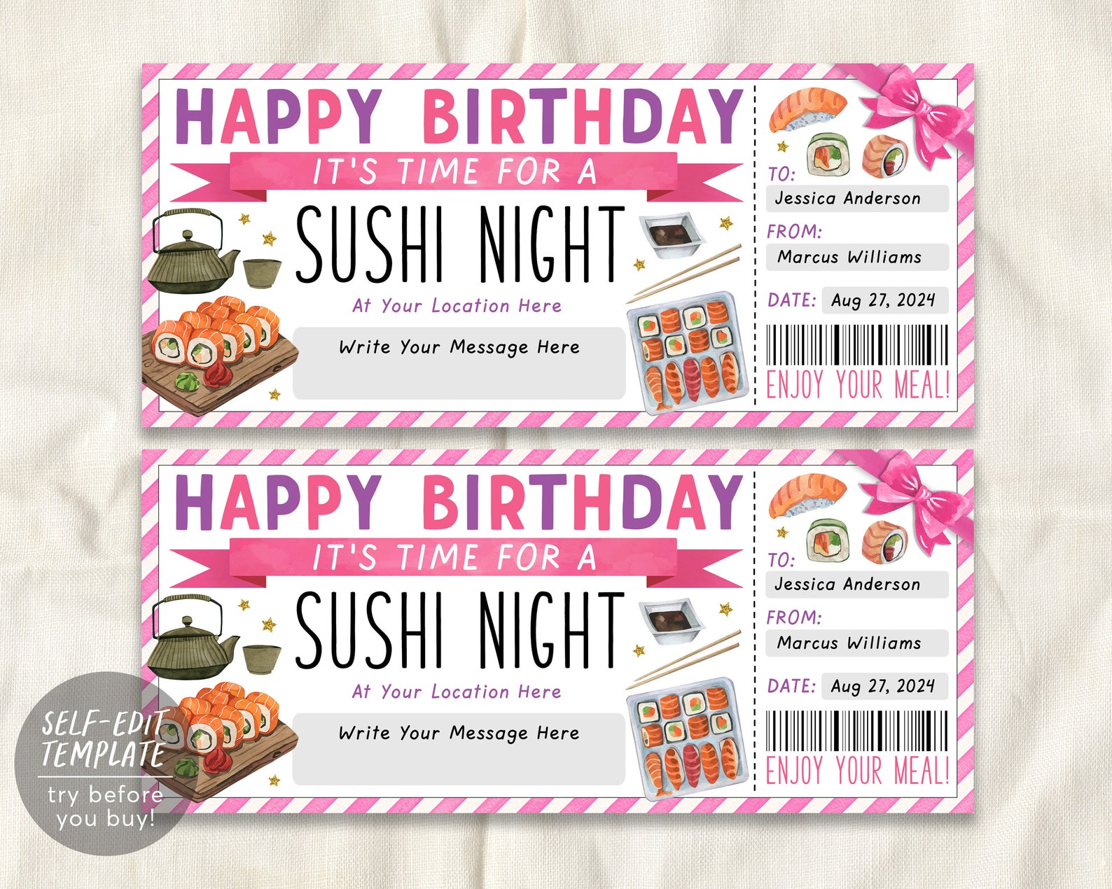 Sushi Night Ticket Voucher Editable Template, Birthday Surprise Sushi ...